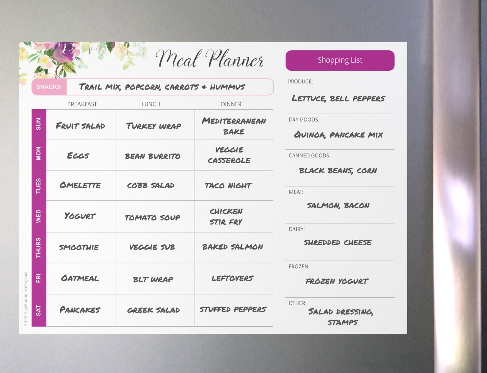 Magnetic Fridge Menu Plan, Meal Plan Fridge, Fridge Meal Plan, Menu ...