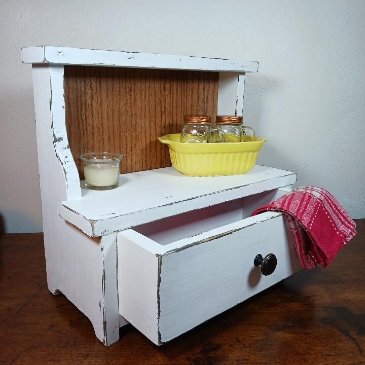 Farmhouse Countertop Mini Hutch, Distressed White Cabinet, Coffee & Tea ...