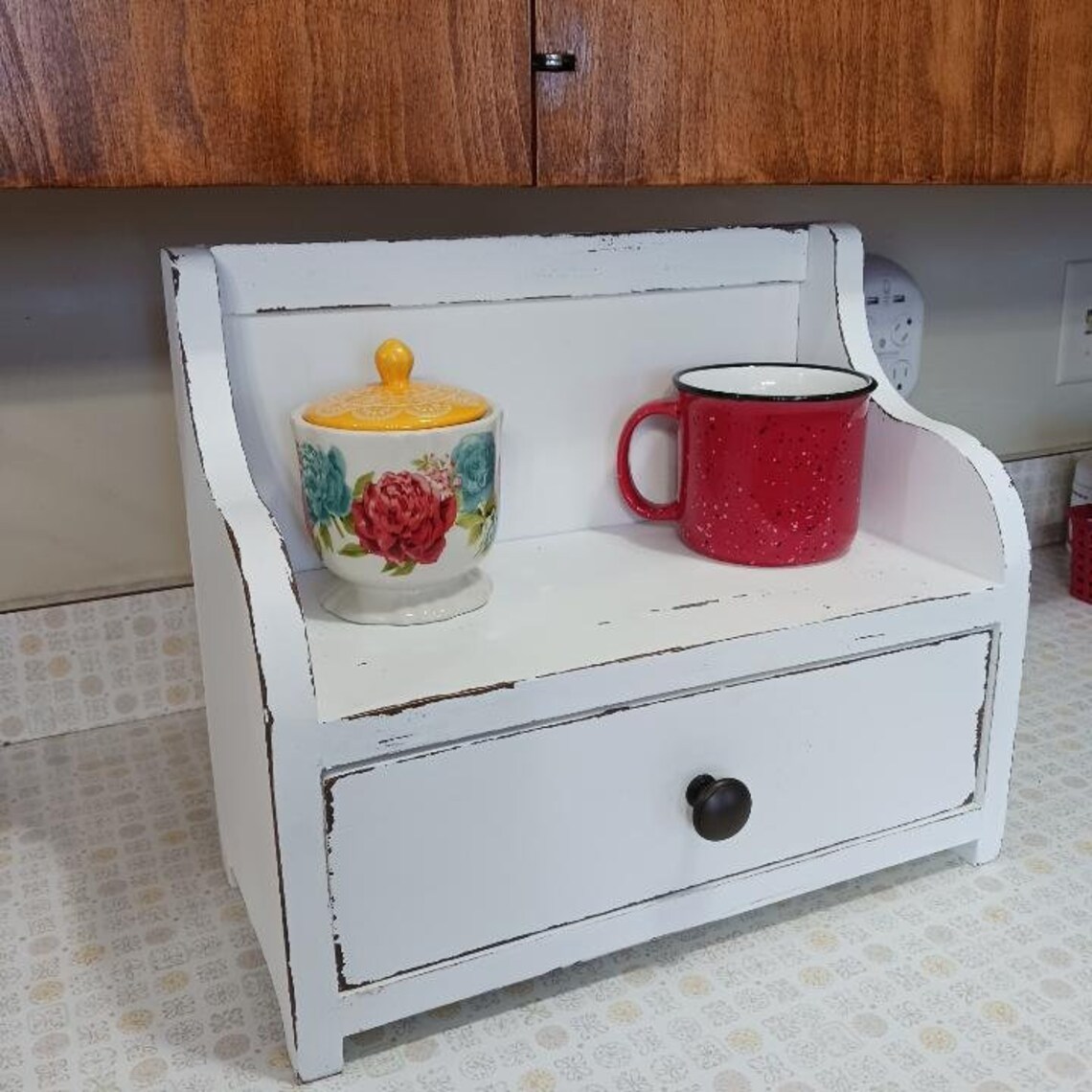 Farmhouse Mini Hutch, Distressed White Countertop Cabinet, Coffee & Tea ...