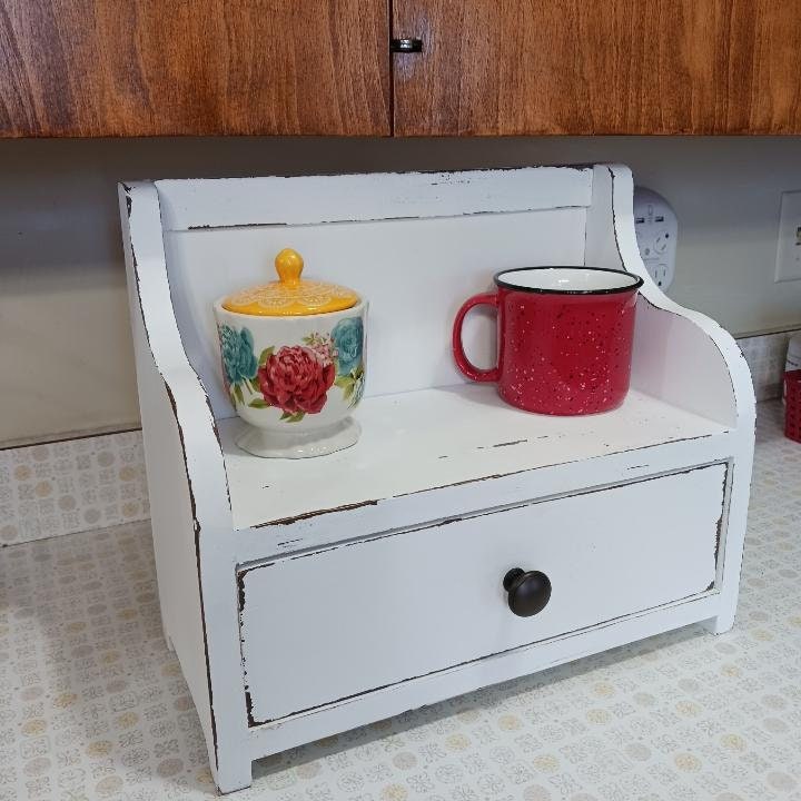 Farmhouse Mini Hutch, Distressed White Countertop Cabinet, Coffee & Tea ...