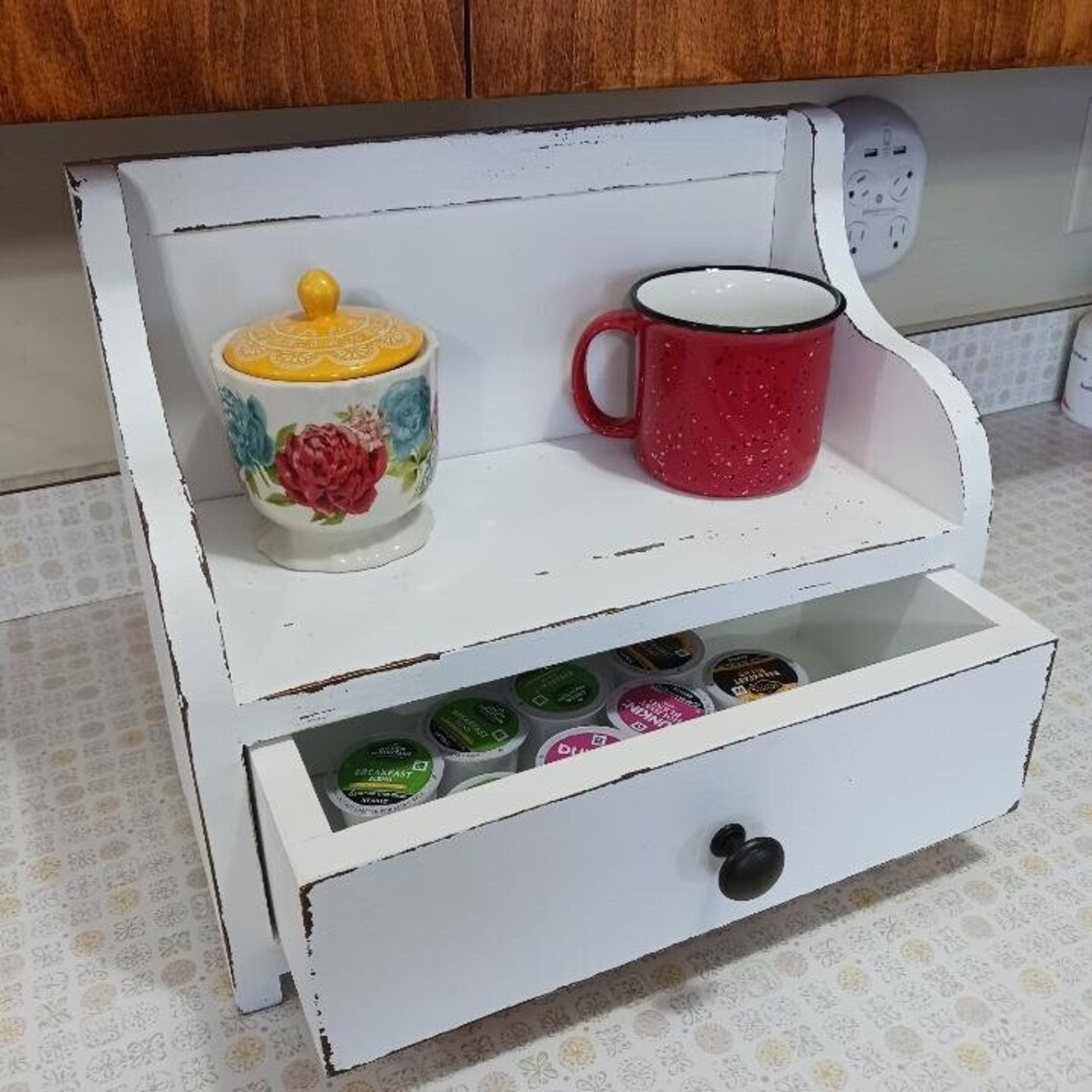Farmhouse Mini Hutch, Distressed White Countertop Cabinet, Coffee & Tea ...