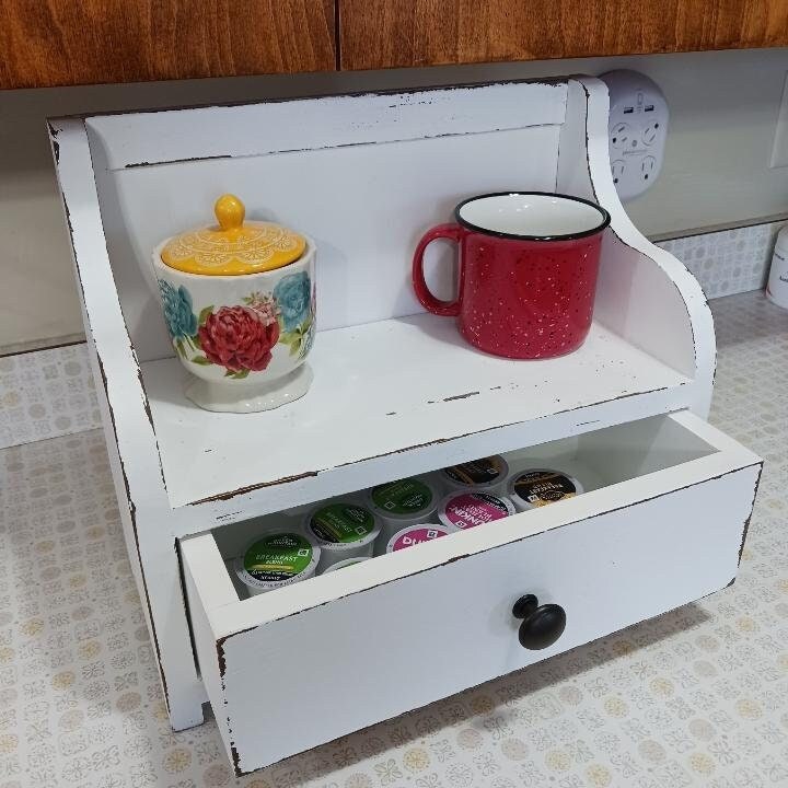 Farmhouse Mini Hutch, Distressed White Countertop Cabinet, Coffee & Tea ...
