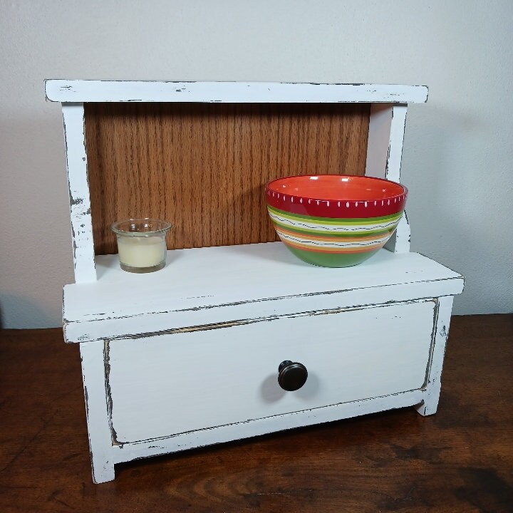 Farmhouse Countertop Mini Hutch, Distressed White Cabinet, Coffee & Tea ...