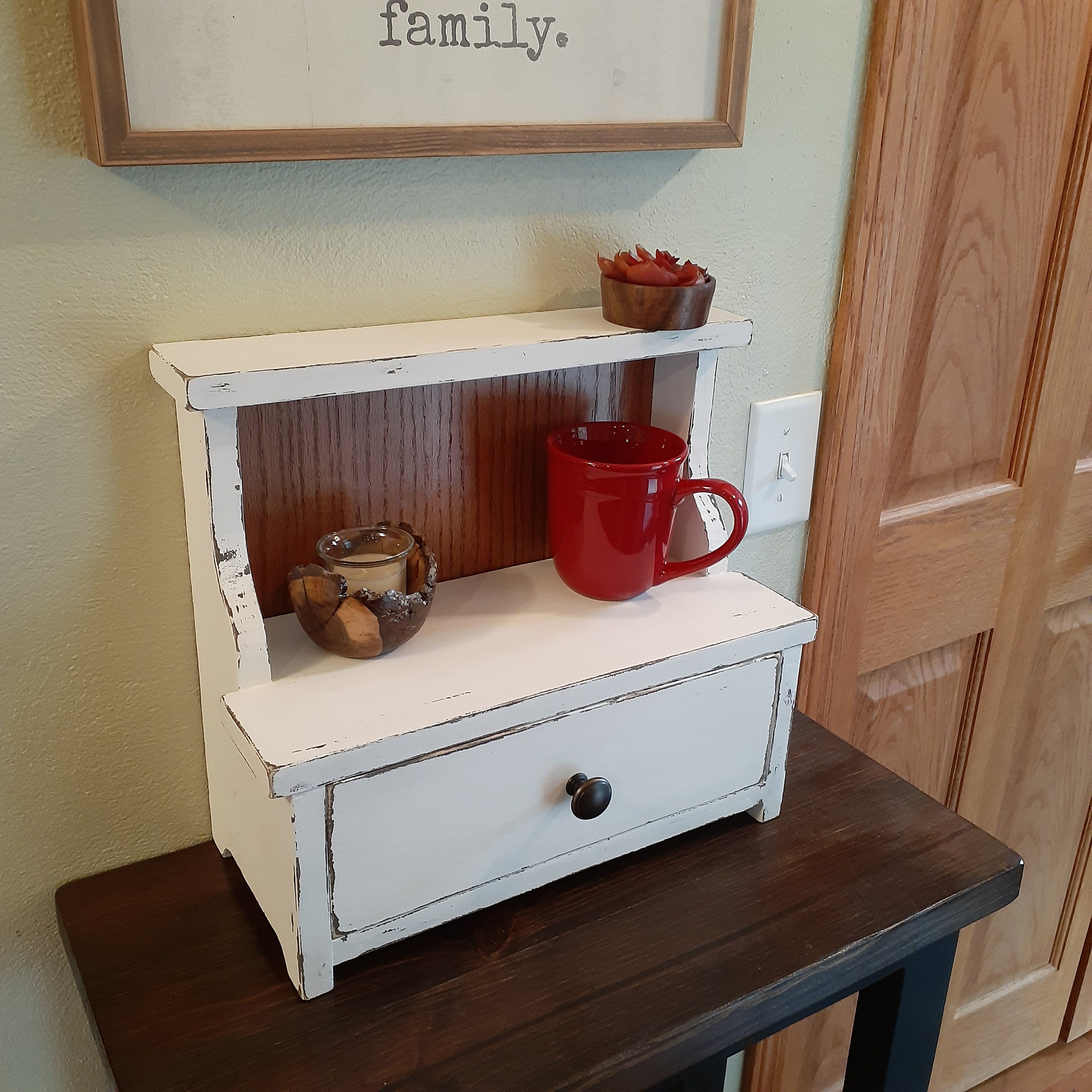 Farmhouse Countertop Mini Hutch, Distressed White Cabinet, Coffee & Tea ...