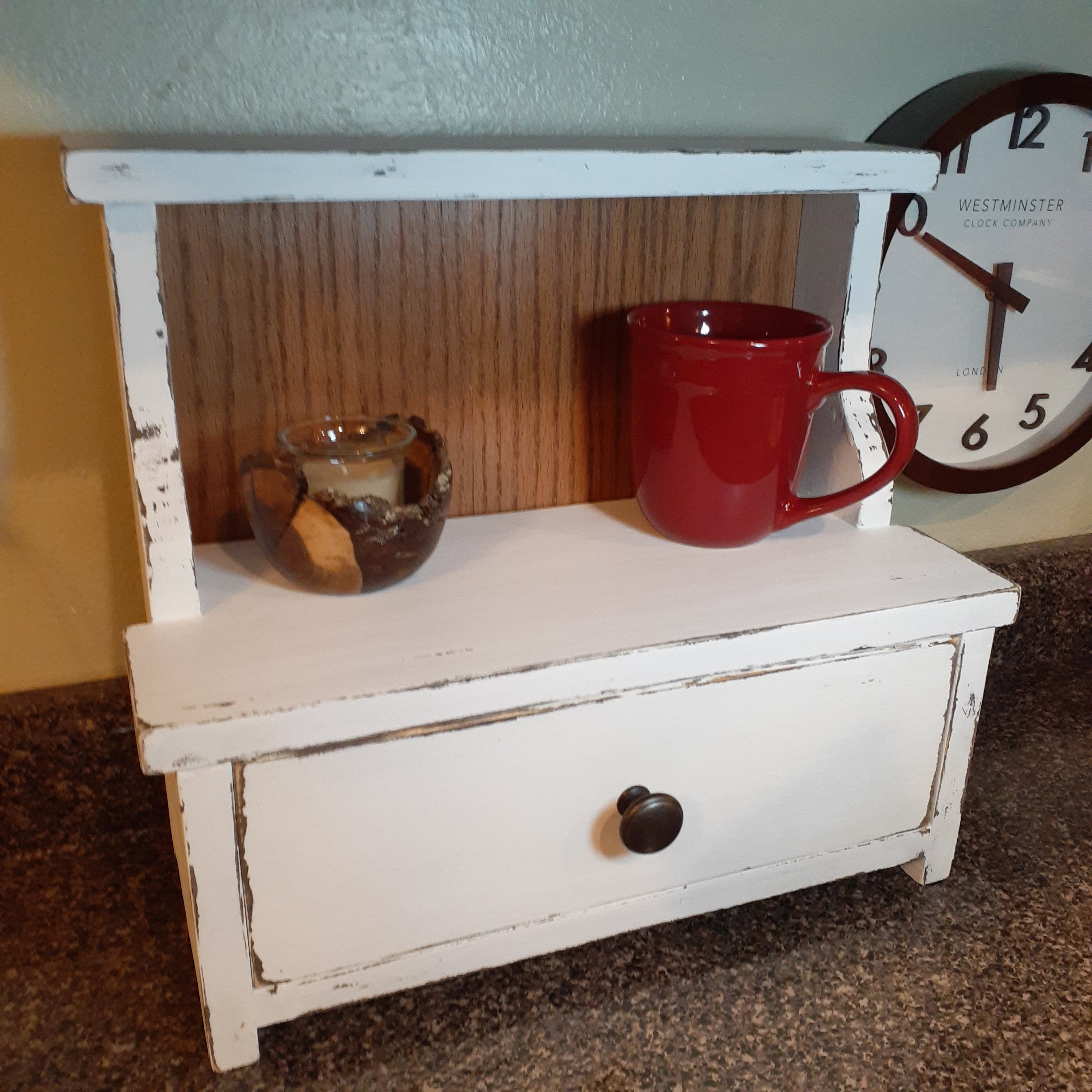 Farmhouse Countertop Mini Hutch, Distressed White Cabinet, Coffee & Tea ...