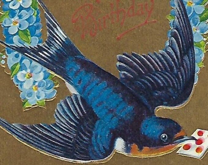 1910 Birthday Postcard, Bluebird With Playing Card, Gold Background ...