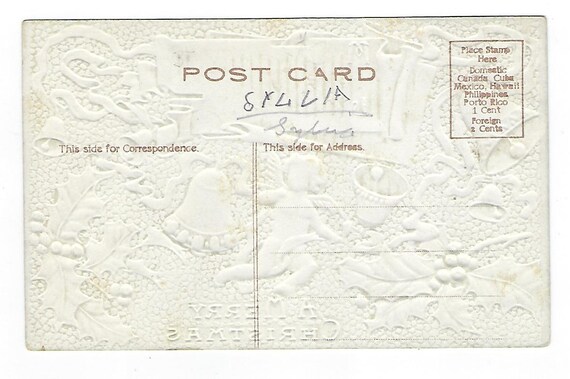 Embossed Cherub with Bells Edwardian Postcard Ephemera Gold Holiday Postcard and Holly Antique ...