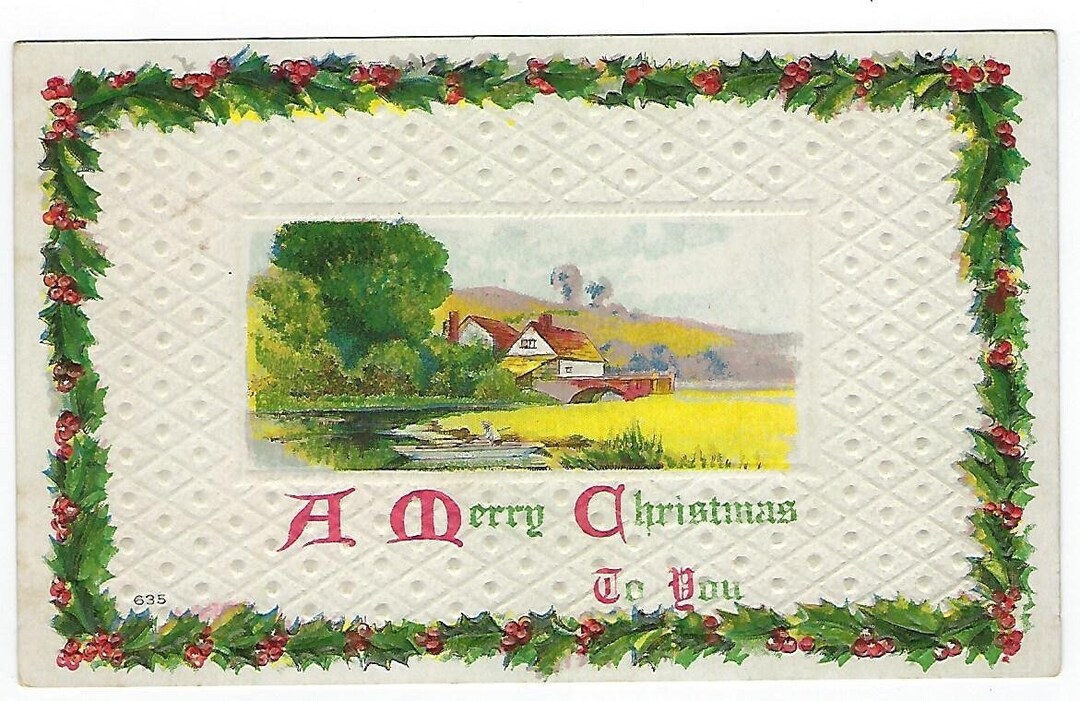 1910 Embossed Christmas Postcard, Holly Frame, Cottage Scene, Antique Postcard - Etsy