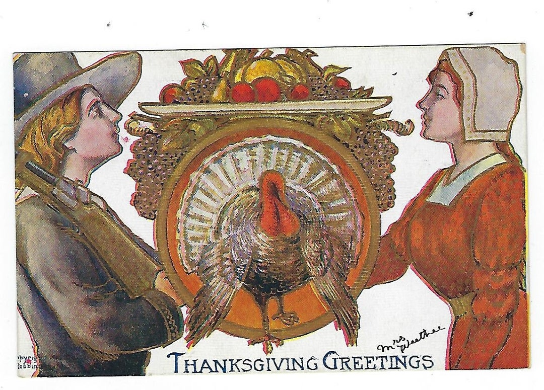 Antique Thanksgiving Postcard, Pilgrims & Turkey, Artist Signed Hi ...