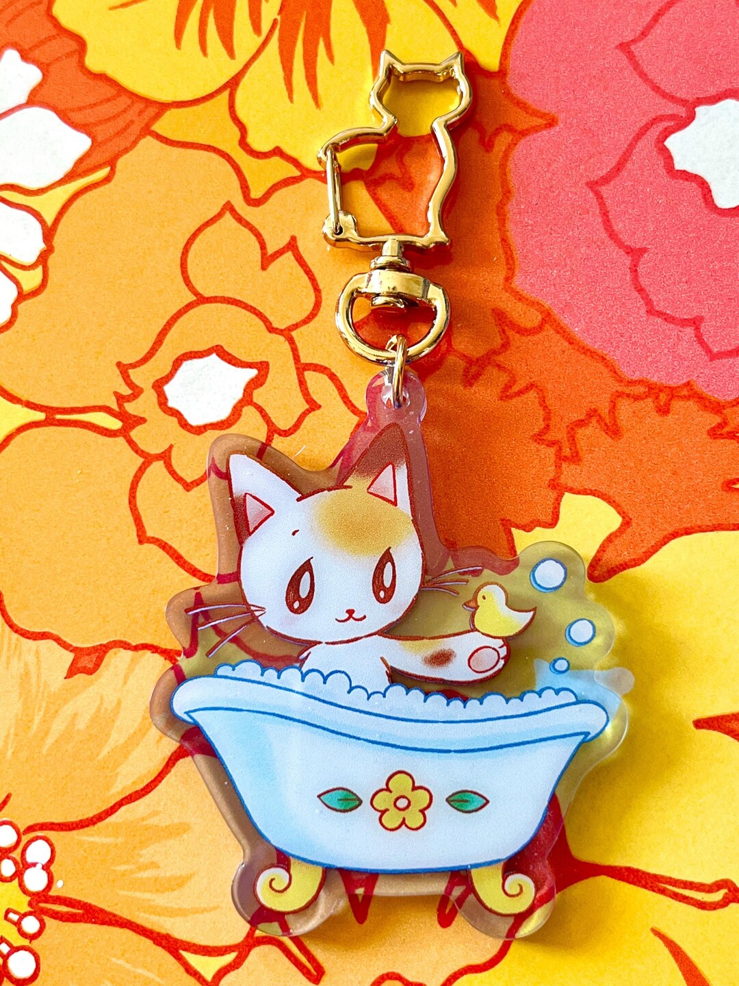 Calico Cat Bath Acrylic Keychain - Etsy