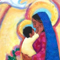 Maria in Blue Cloak With Baby Jesus With Golden Halo, Wall Art. Blessed ...