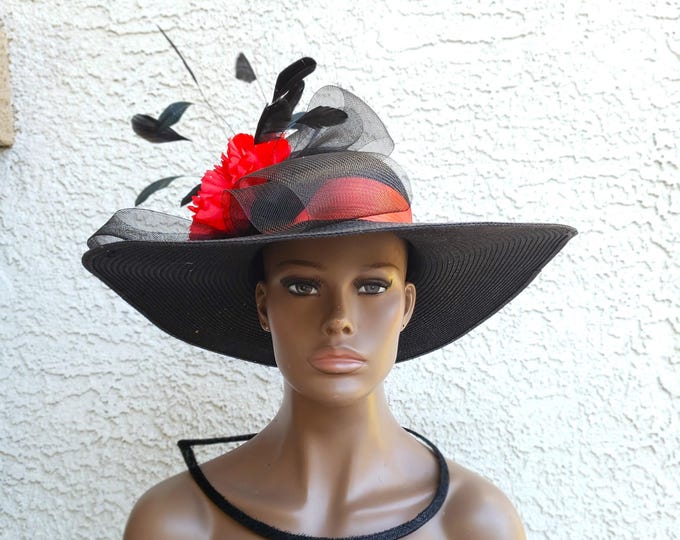 Black Fascinator: Red Velvet Rose, Feathers & Veil - Wedding Guest Hat ...