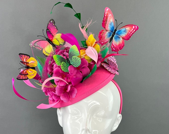 Flamingo Pink, Butterfly Fascinator, Tea Party Hat, Church Hat ...