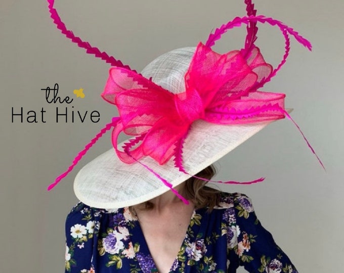 Ivory Derby Hat With Fuchsia Sinamay Bow Church Hat, Tea Party Hat ...