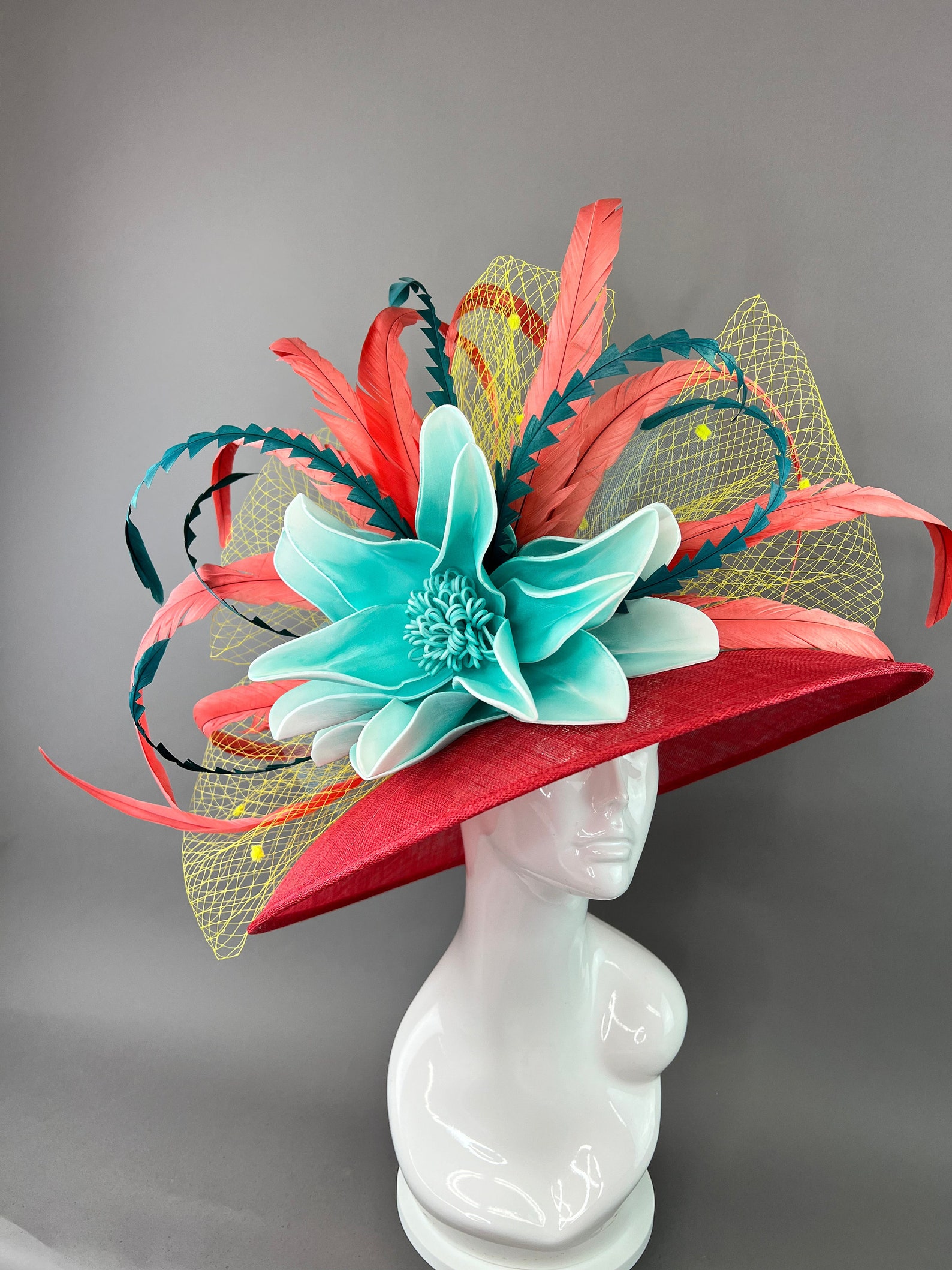 Red Round Brim Kentucky Derby Hat With Turquoise Flower - Etsy