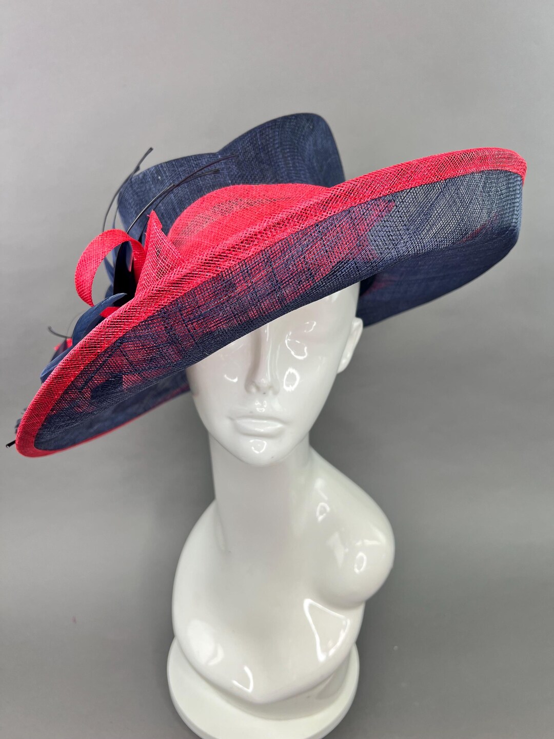 Red and Navy Blue Derby Hat With Flower Bloom Formal Event Hat for ...