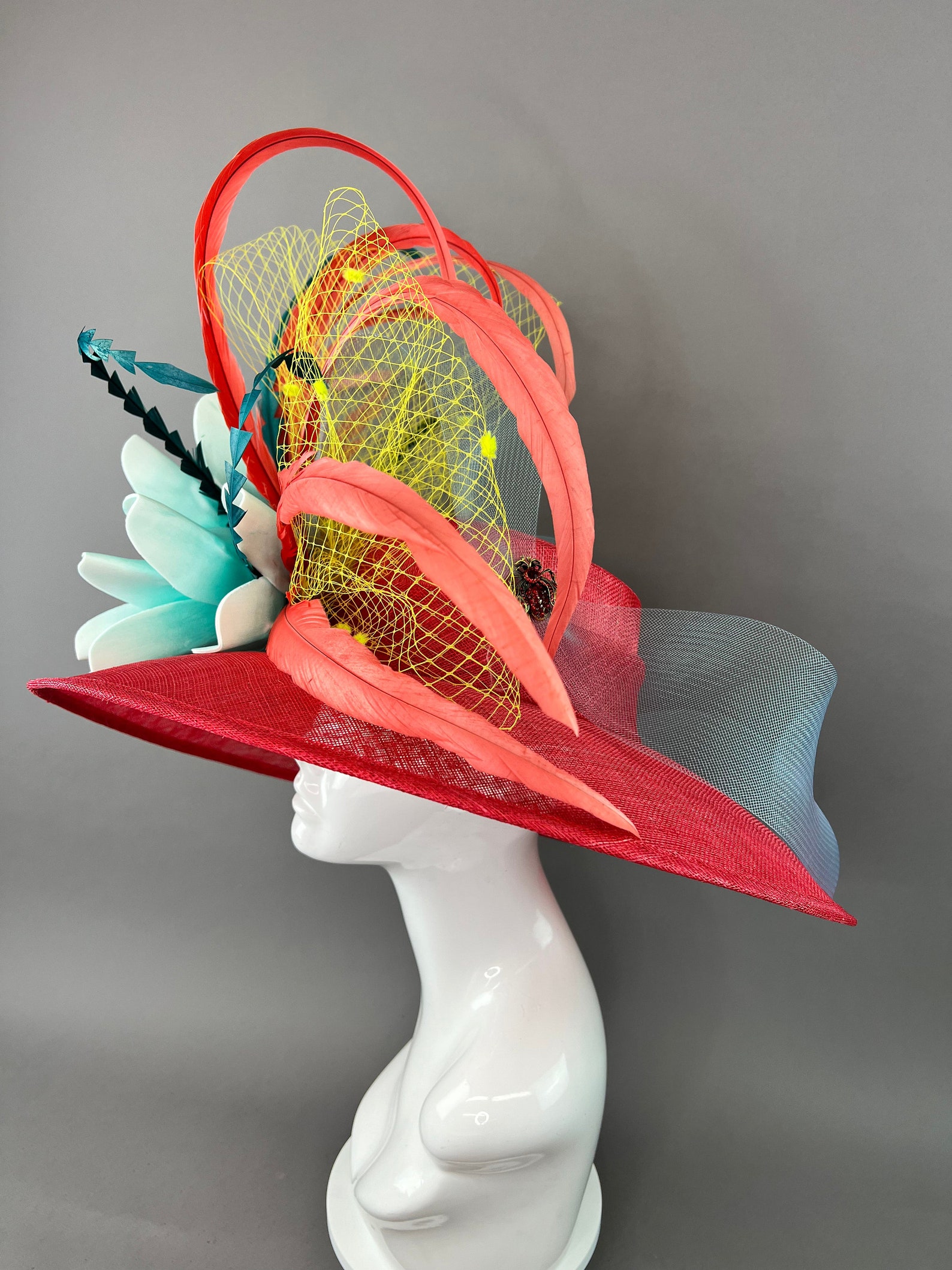 Red Round Brim Kentucky Derby Hat With Turquoise Flower - Etsy
