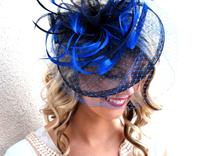 Royal Blue & Navy Fascinator, Womens Tea Party Hat, Hat With Veil ...