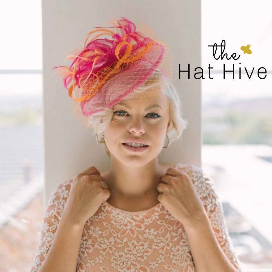 Orange and Fuchsia Pink Fascinator Hat With Veil for the Kentucky Derby ...