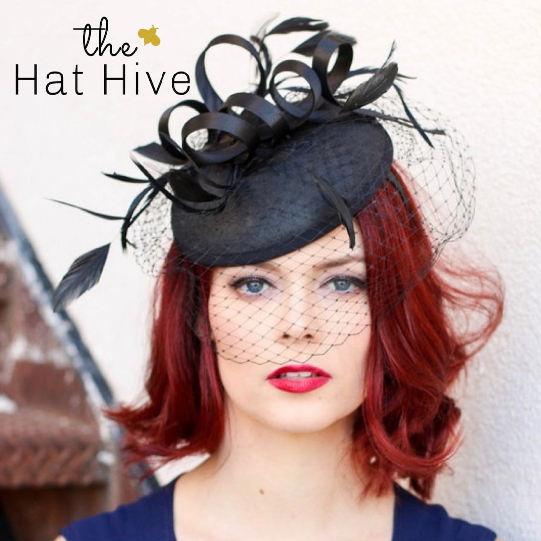 Black Fascinator Hat With Veil Tea Party Vintage Formal Headpiece for ...