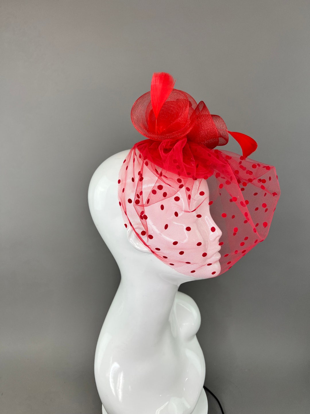 Red Crinoline Fascinator With Veil, Attaches With Clips, Women’s Tea ...