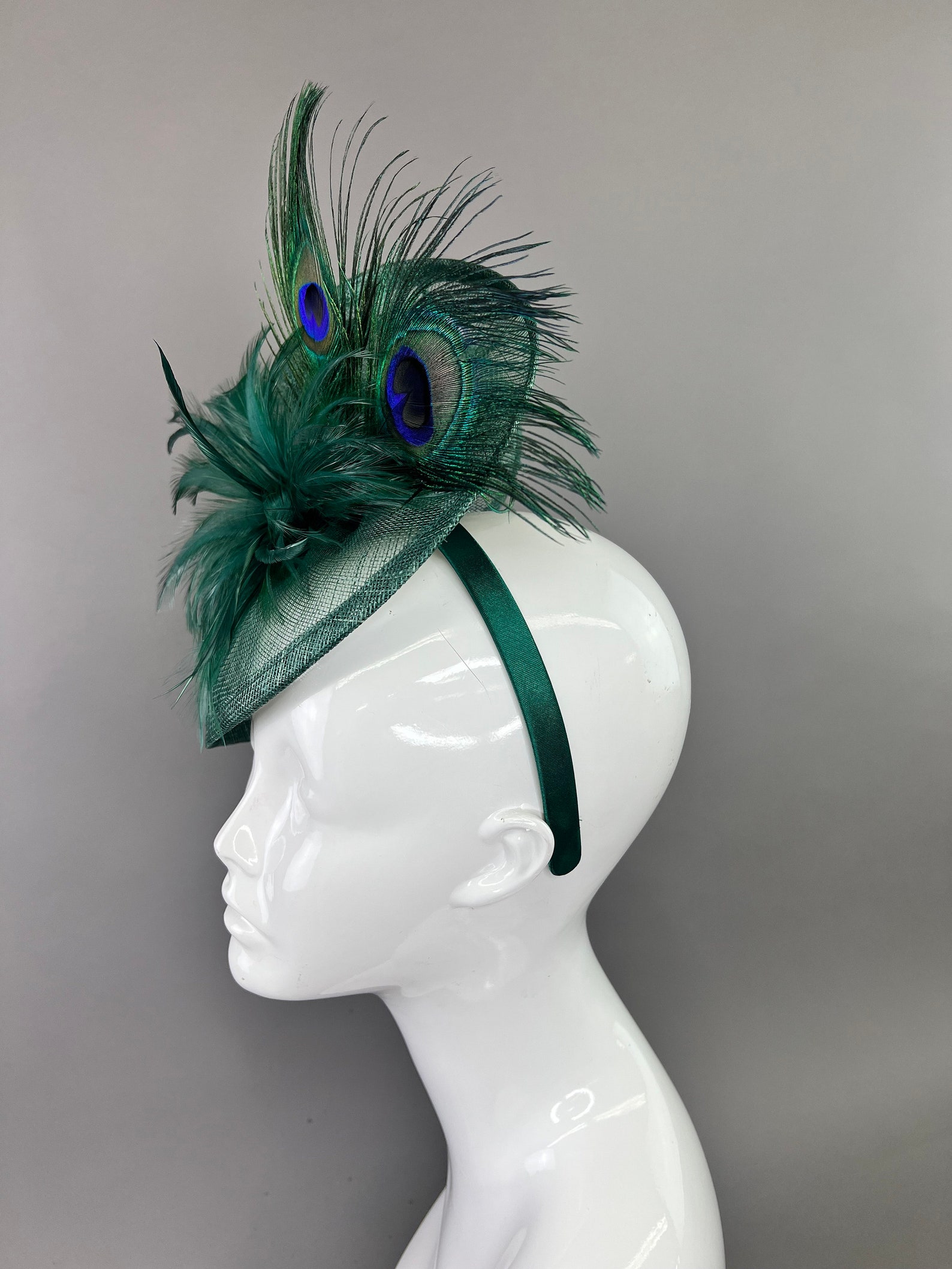 Dark Emerald Green Peacock Fascinator on Headband, Kentucky Derby Hay ...