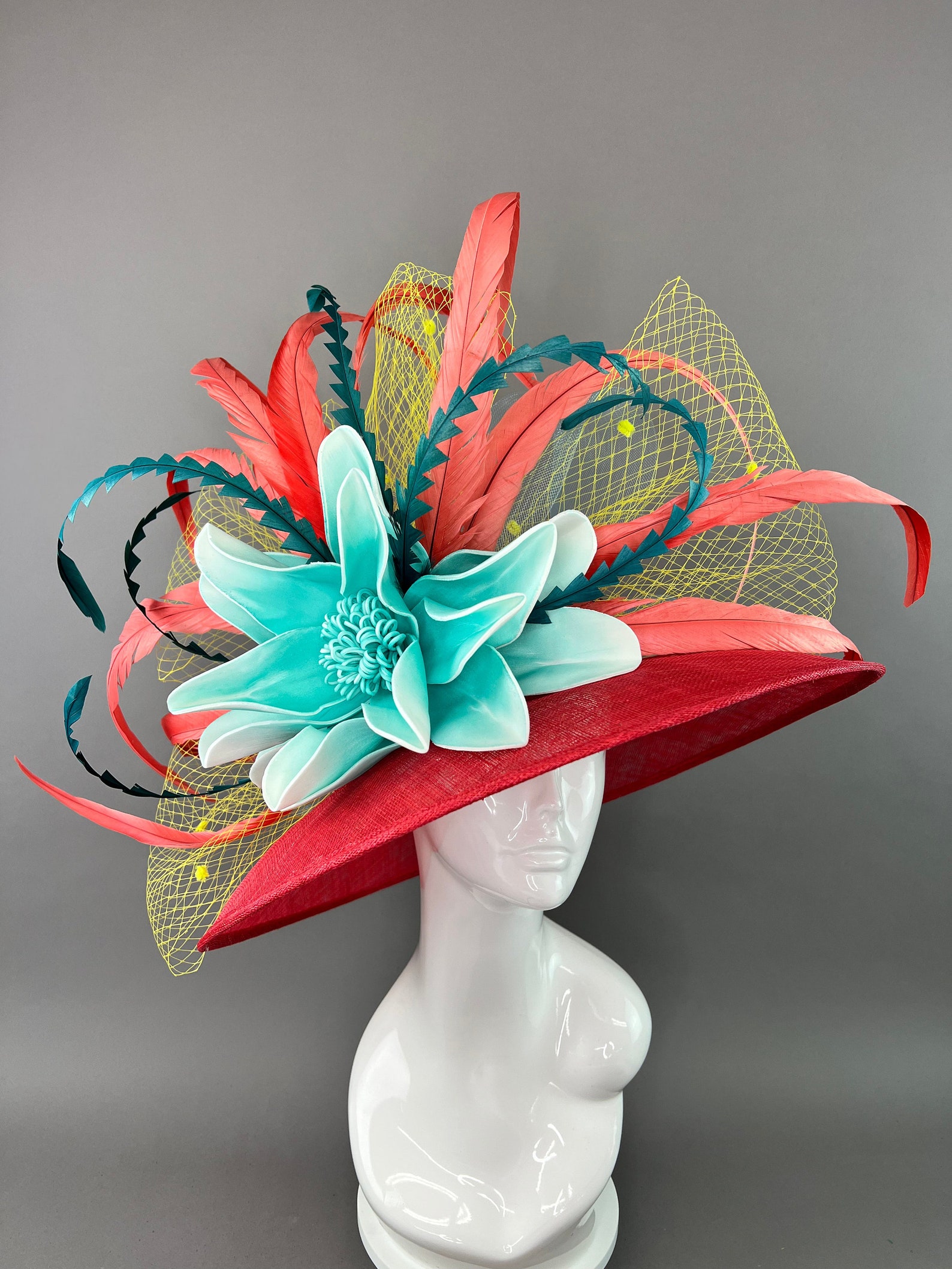 Red Round Brim Kentucky Derby Hat With Turquoise Flower - Etsy