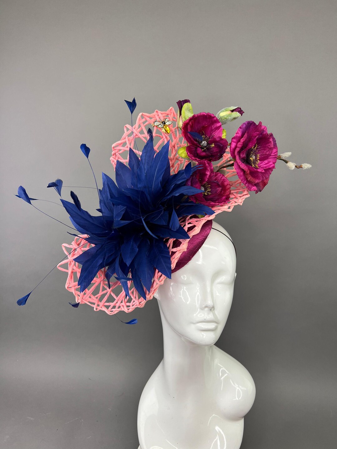 Magenta Coral Navy Fascinator Hat Women Kentucky Derby Hat Wedding ...