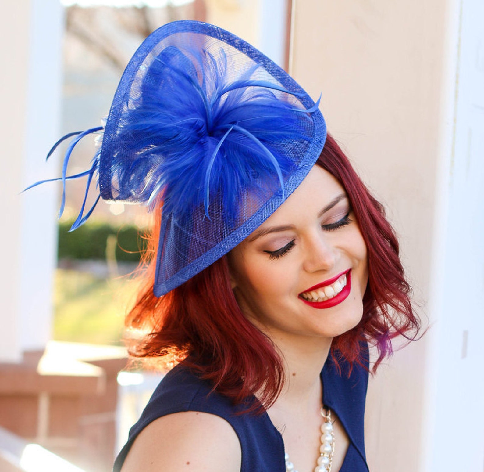Royal Blue Feather Fascinator: Sinamay Tea Party Hat - Etsy
