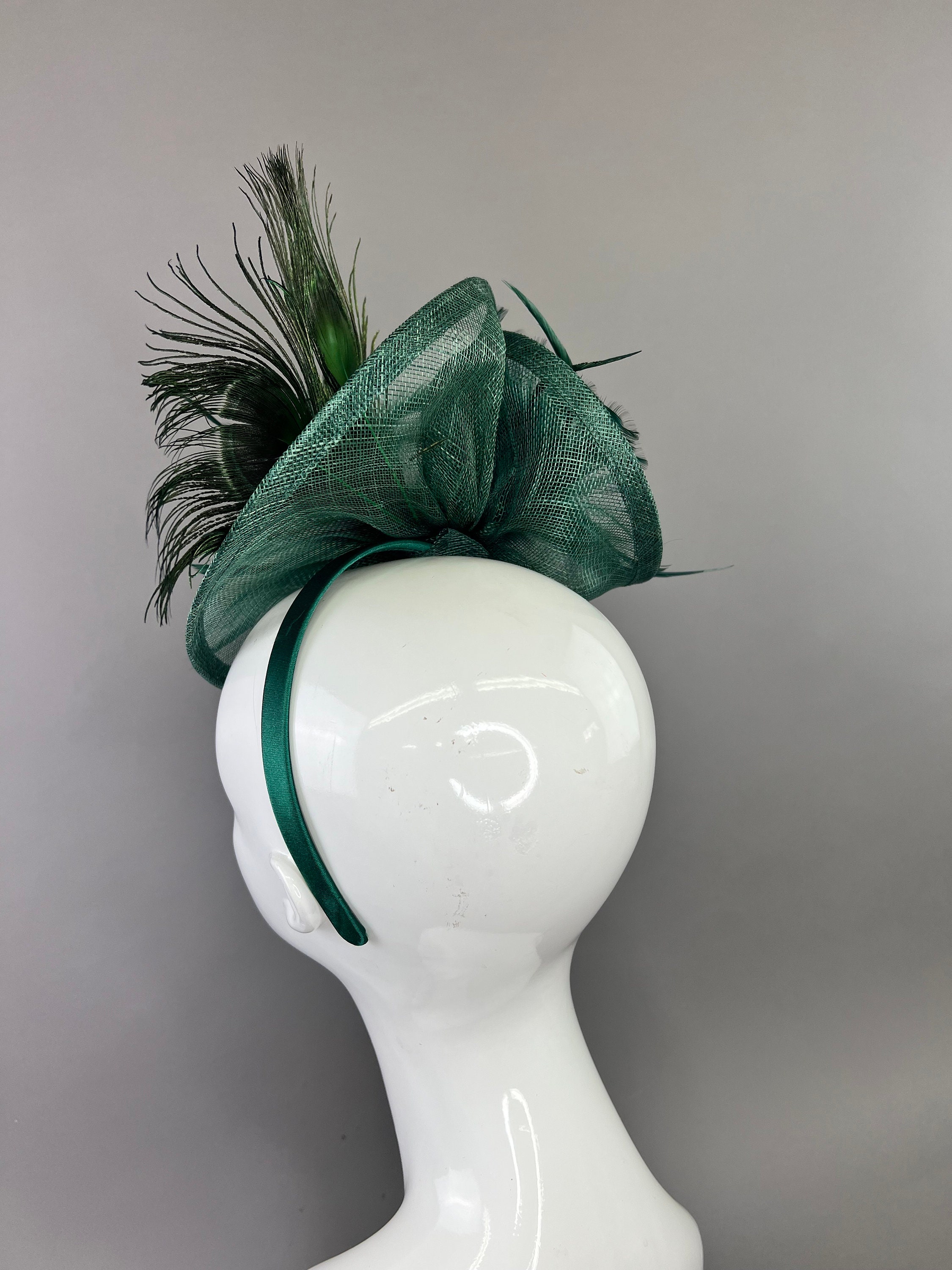 Dark Emerald Green Peacock Fascinator on Headband, Kentucky Derby Hay ...