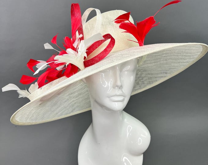 Ivory and Red Derby Wide Brim Hat With Ivory and Feathers - Kentucky ...