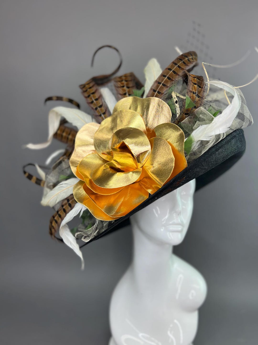 Black Flipped Brim Derby Hat With Gold Rose Garden Party Hat for Formal ...