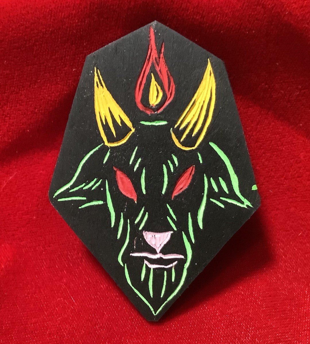 Hand Carved Wood Green Baphomet Brooch - Etsy