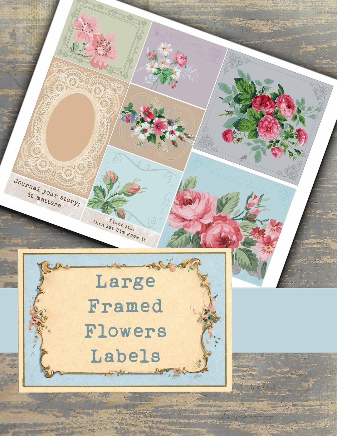 Large Framed Flowers Labels, Digital Download, Journal, Junk Journal ...