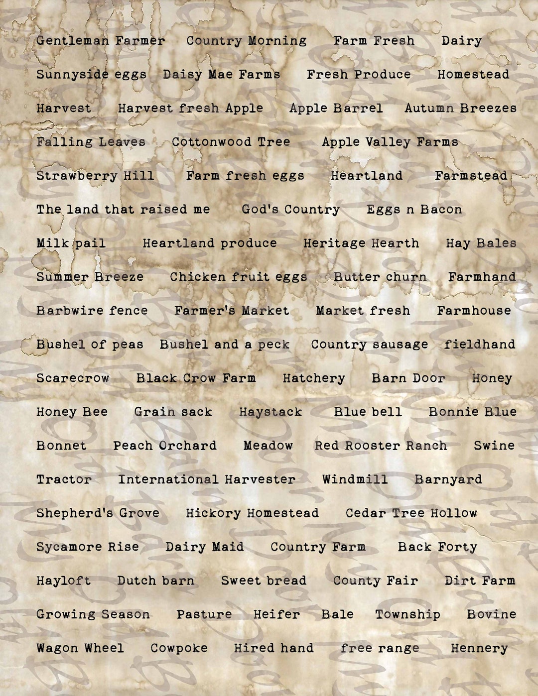 Farm and Fall Words Sheet in Typewriter Font, Farm Words, Coffee Dyed ...
