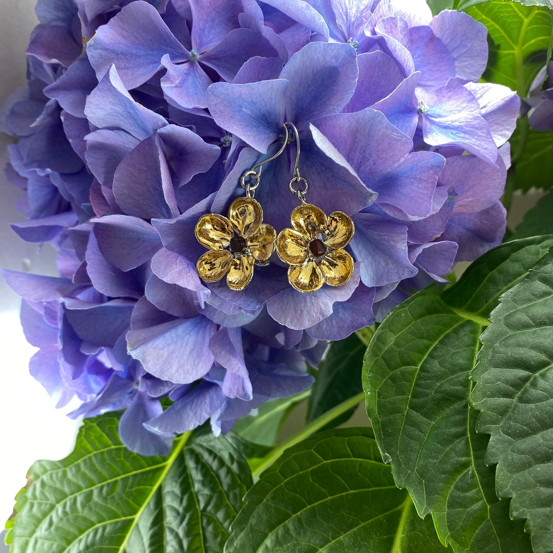 Real Cherry Blossoms Electroformed With Pure White Rhodium Finishing and Gold. Red Spinel ...