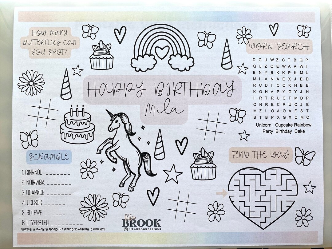 Printable Unicorn Coloring Page, Activity Sheet, Unicorn Placemat ...