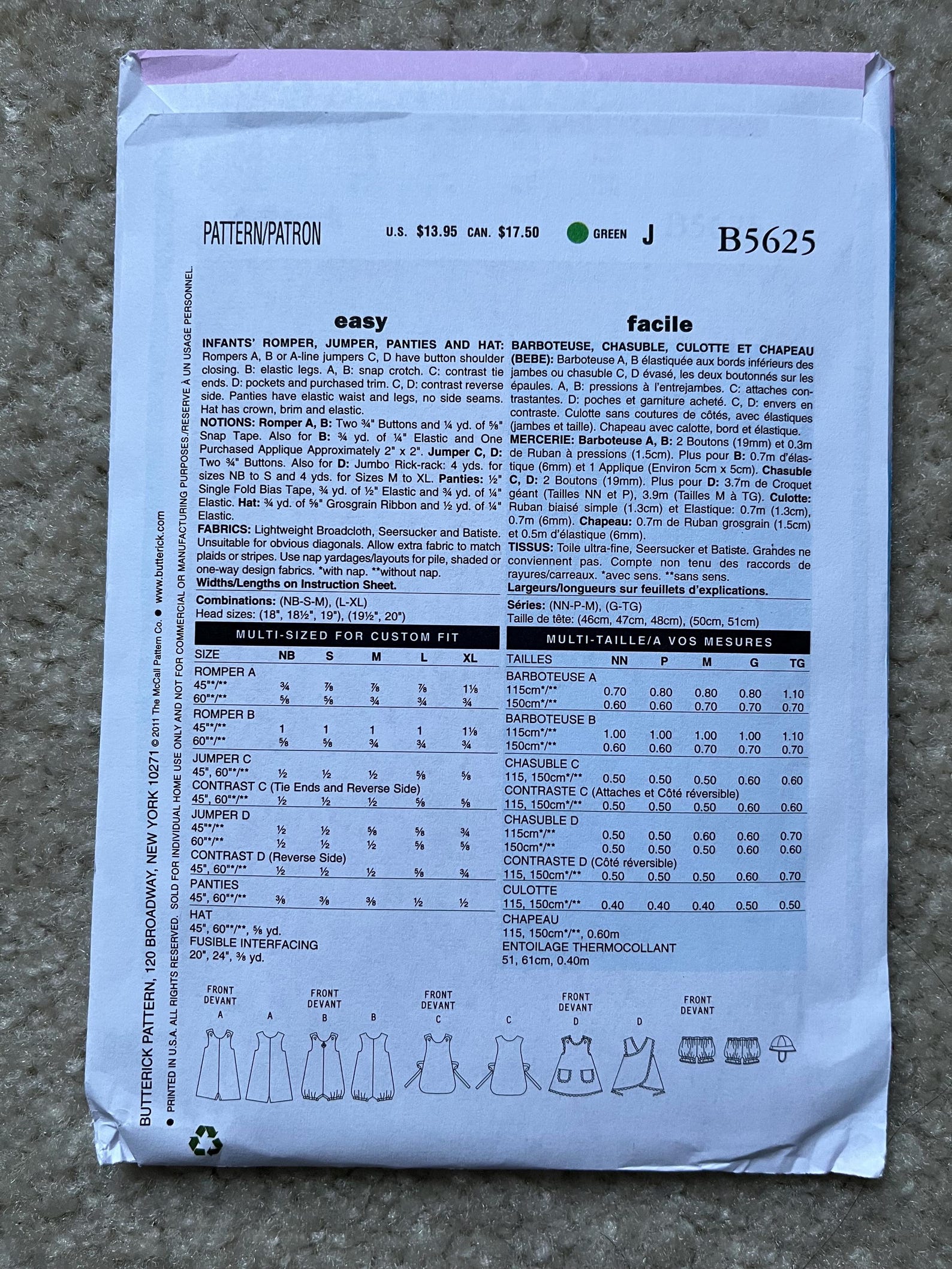 Butterick Pattern 5625 Newborn Baby 3 9 Months nb-sml-med Classic ...