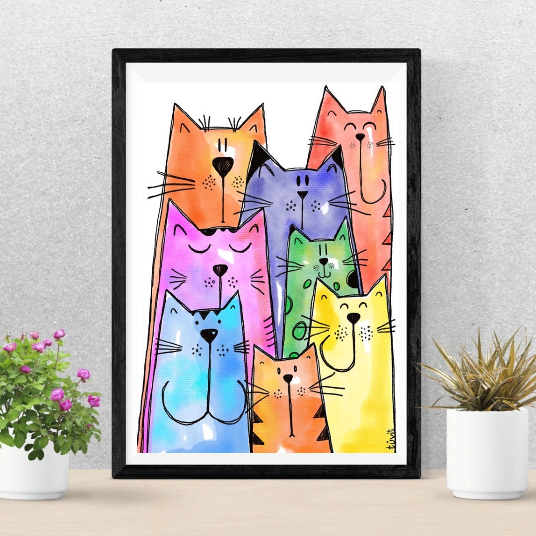 Colorful Cats Print Wall Art Poster, Cat Lover Gift. Cat Illustration ...