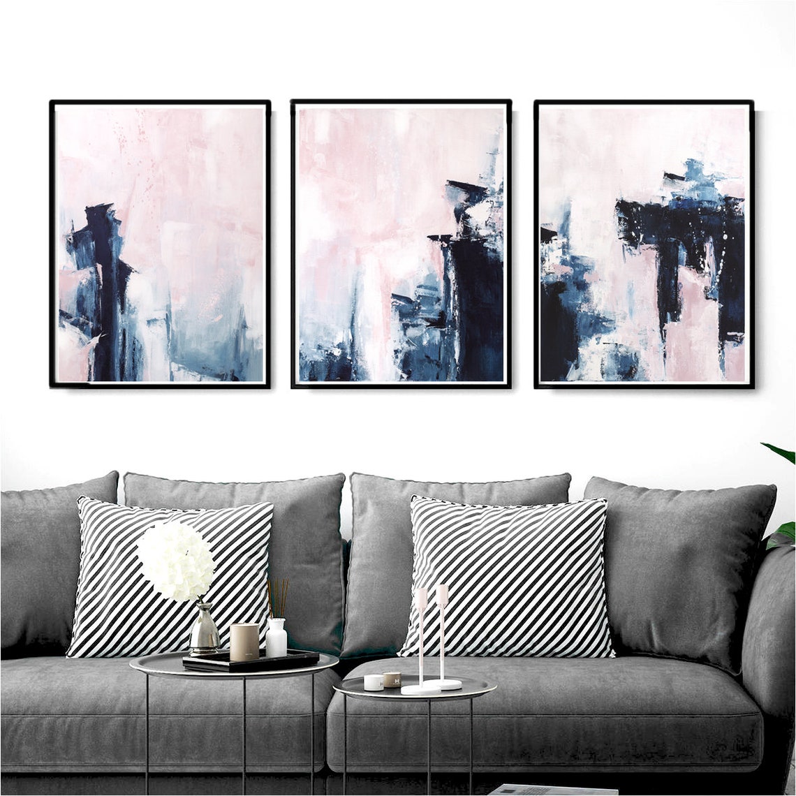 Pink & Navy Blue Triptych Wall Art Set of 3 Prints Abstract - Etsy