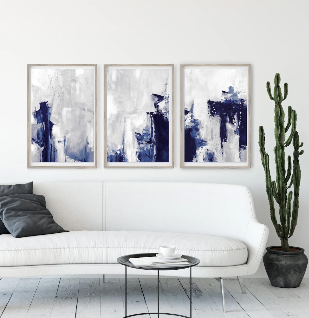 Royal Blue Grey Abstract Wall Art, Set of 3 Prints, Modern Abstract Art ...