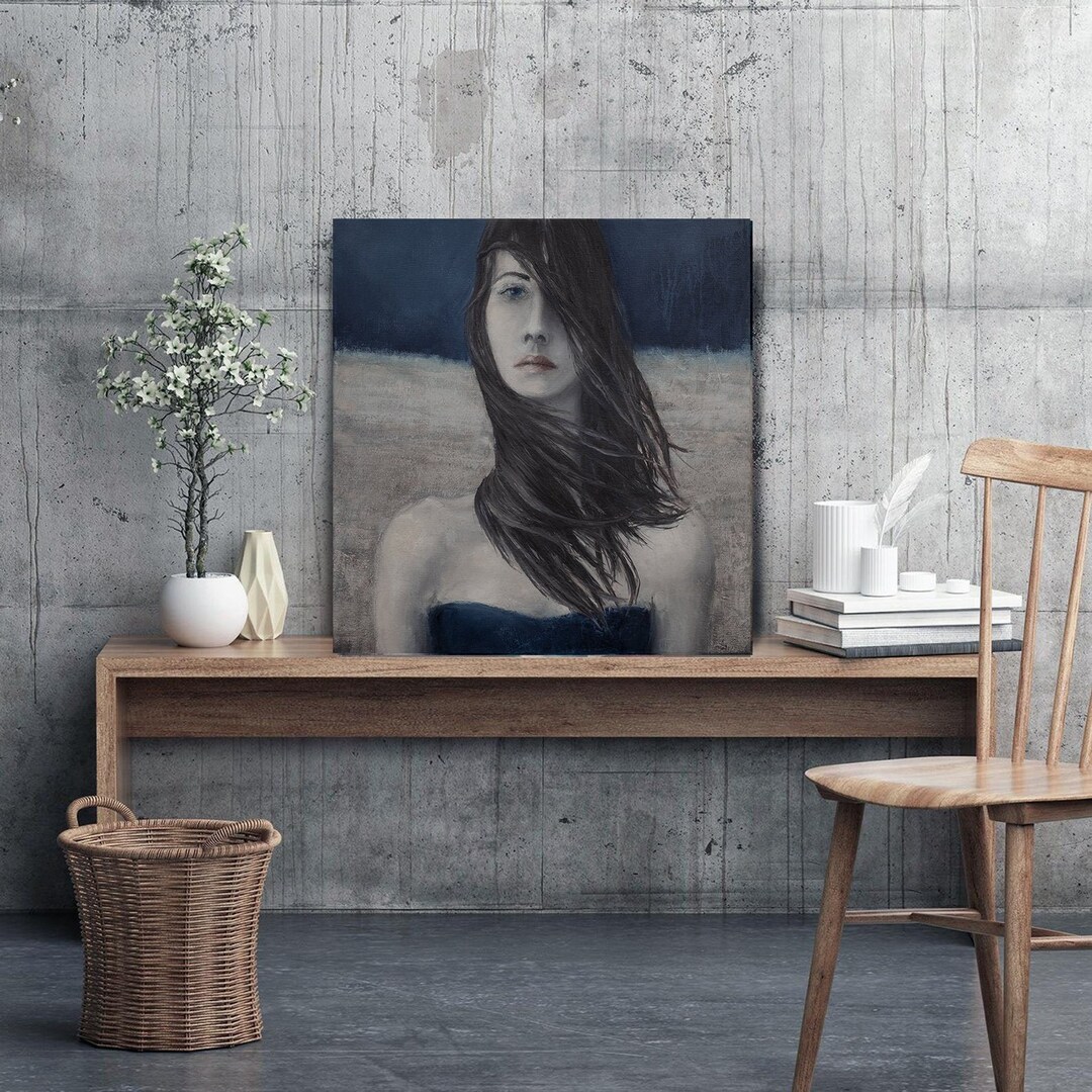 Portrait Painting Wind in Hair, Blue and Brown Portrait, Dreamy Digital ...