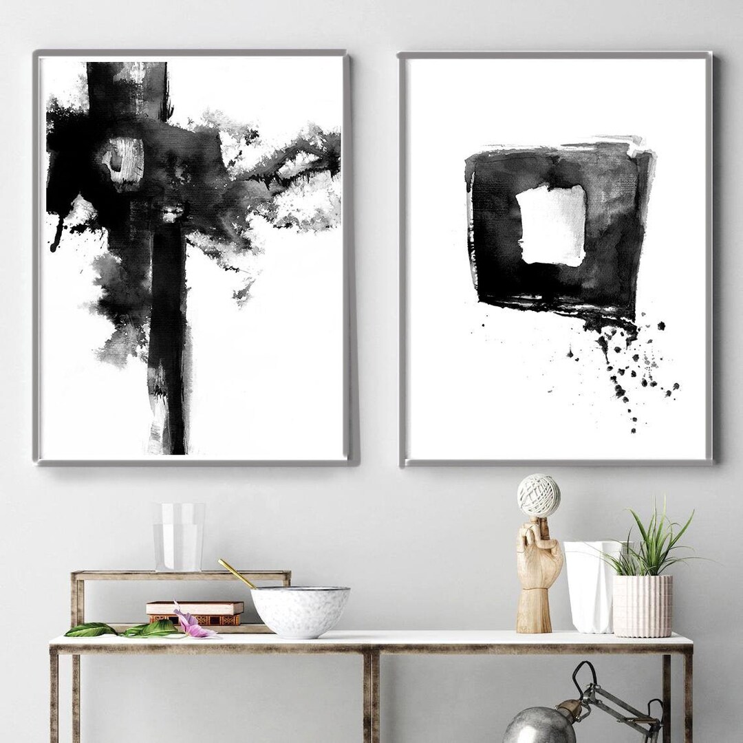 Black White Geometric Abstract Painting Minimalist Art Set - Etsy