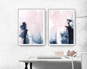 Set of 3 Abstract Navy Blue & Blush Pink Wall Art Prints From Original ...