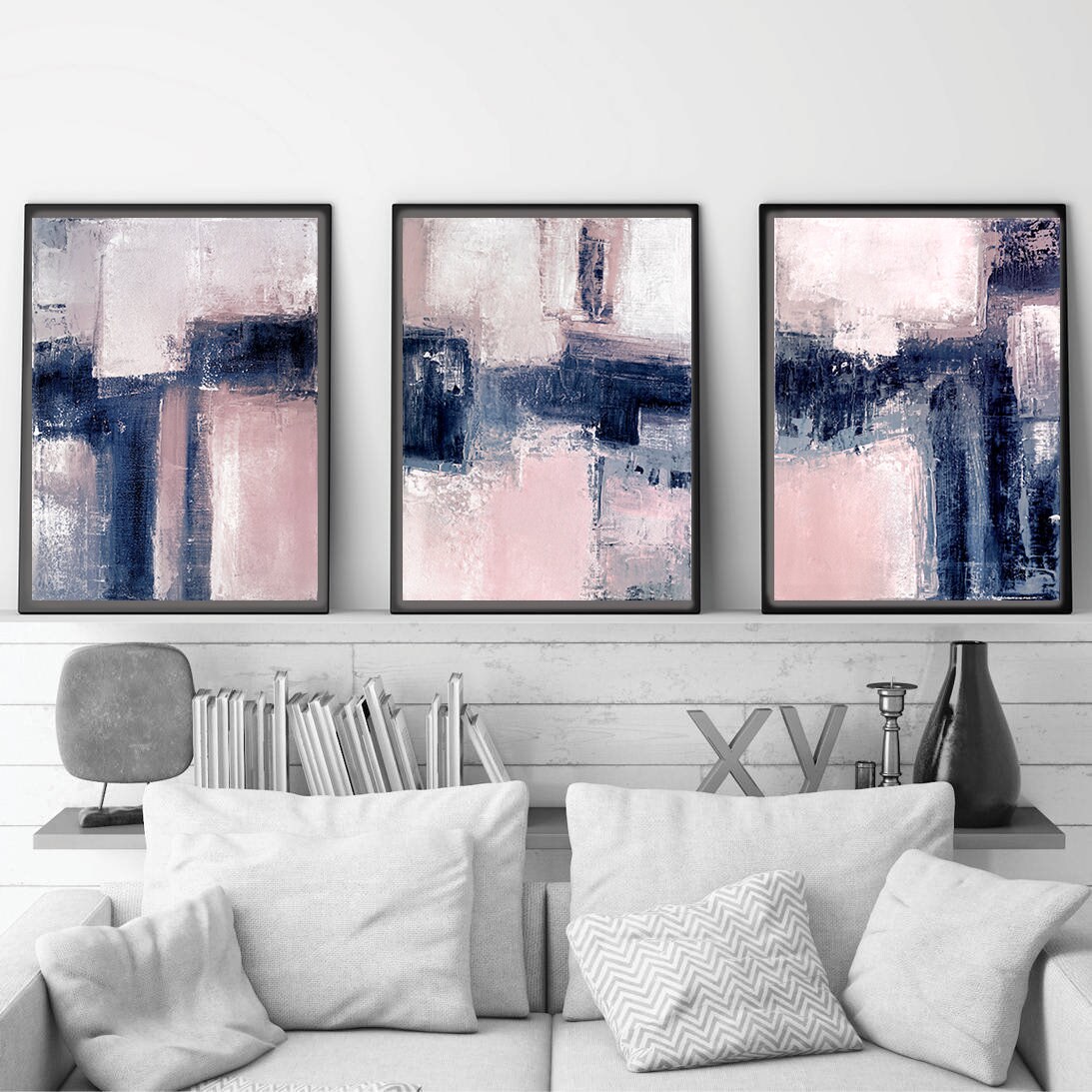 Pink & Navy Blue Triptych Wall Art Set of 3 Prints Abstract | Etsy