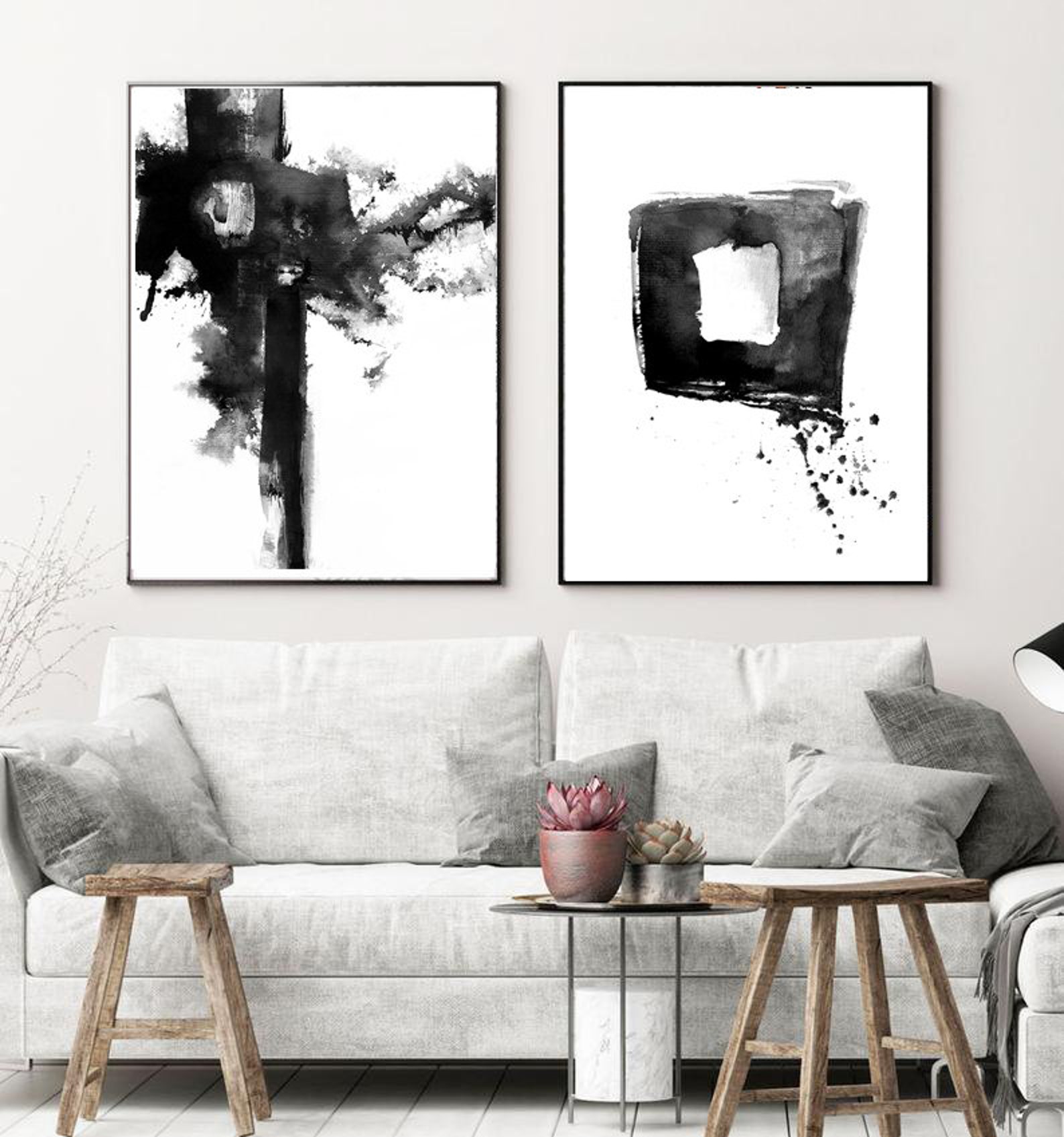 Black White Geometric Abstract Painting Minimalist Art Set | Etsy