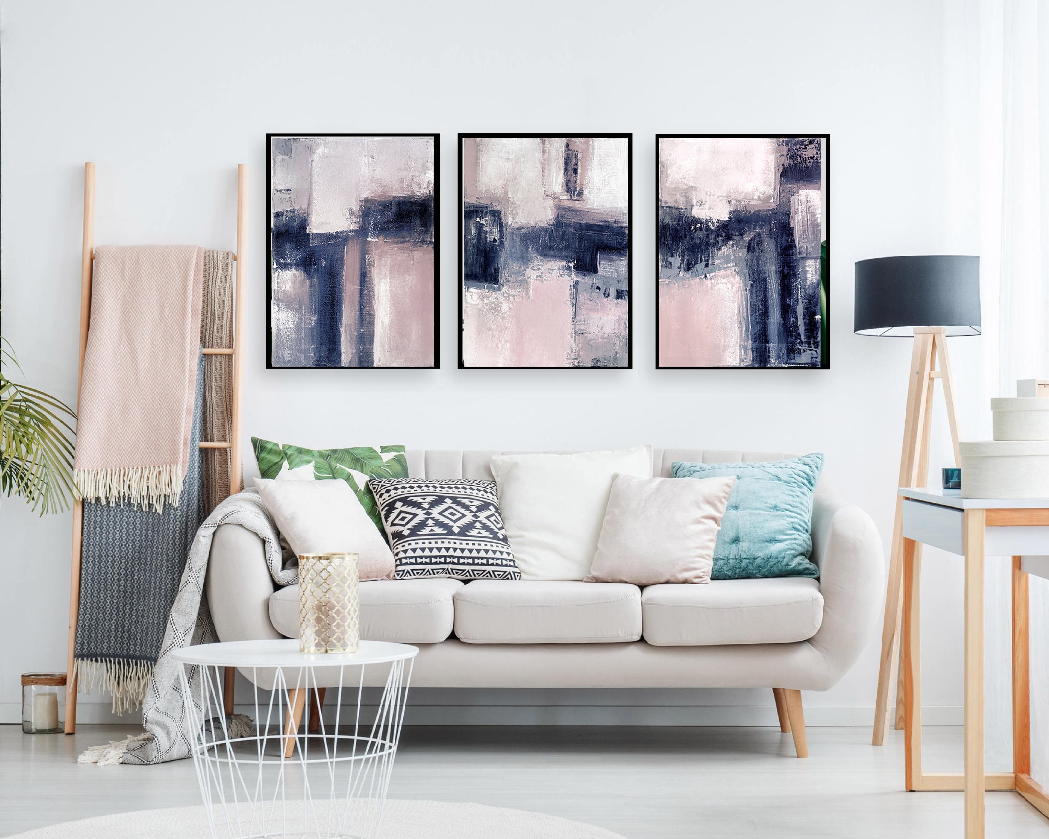 Pink & Navy Blue Triptych Wall Art Set of 3 Prints Abstract | Etsy