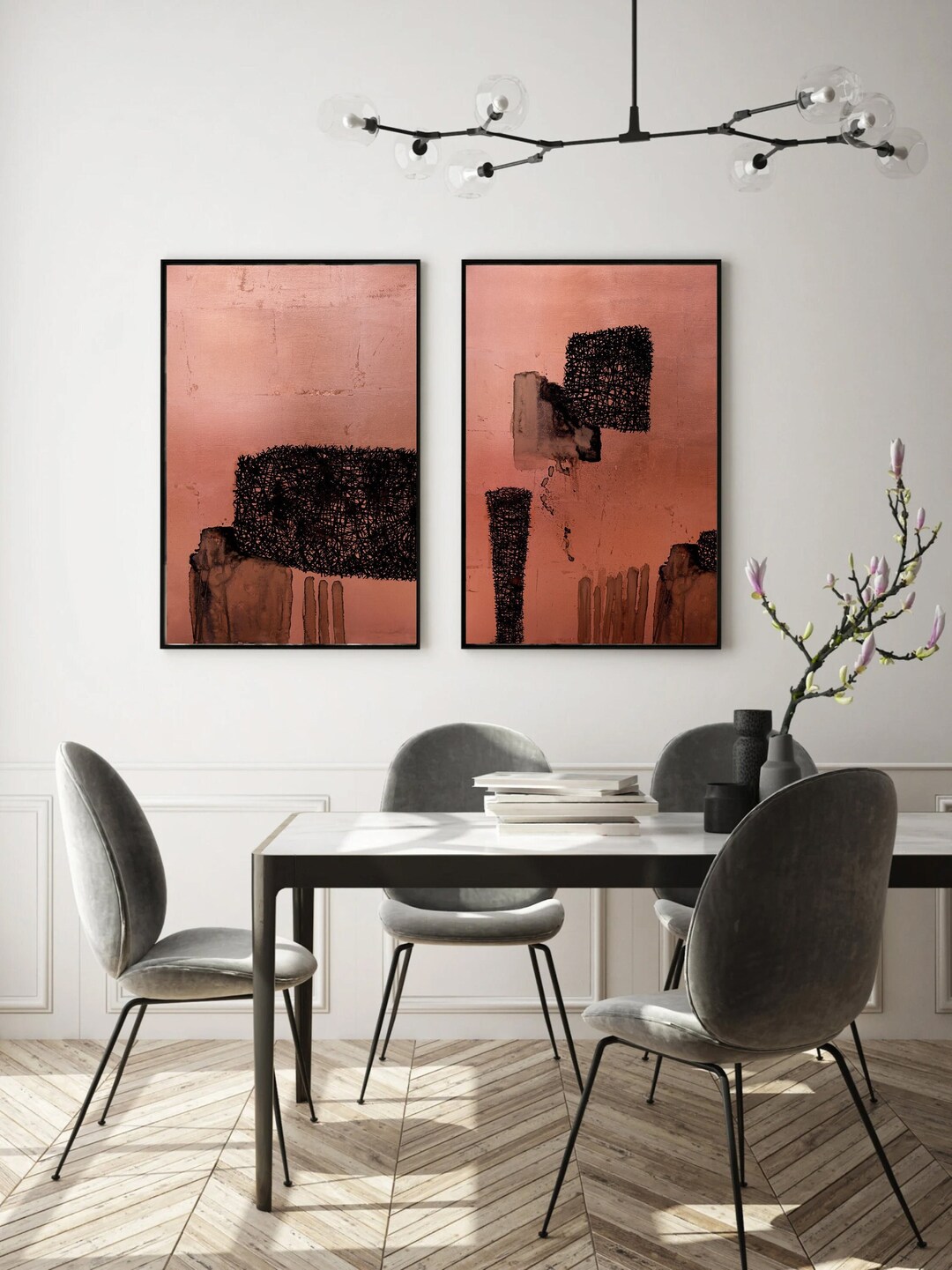 Black and Copper Abstract Art, Modern Art Prints, Set of Two Industrial ...