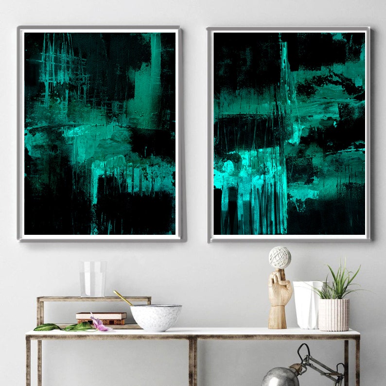 Teal Abstract Art Emerald Set of 2 Print Green Black Diptych - Etsy