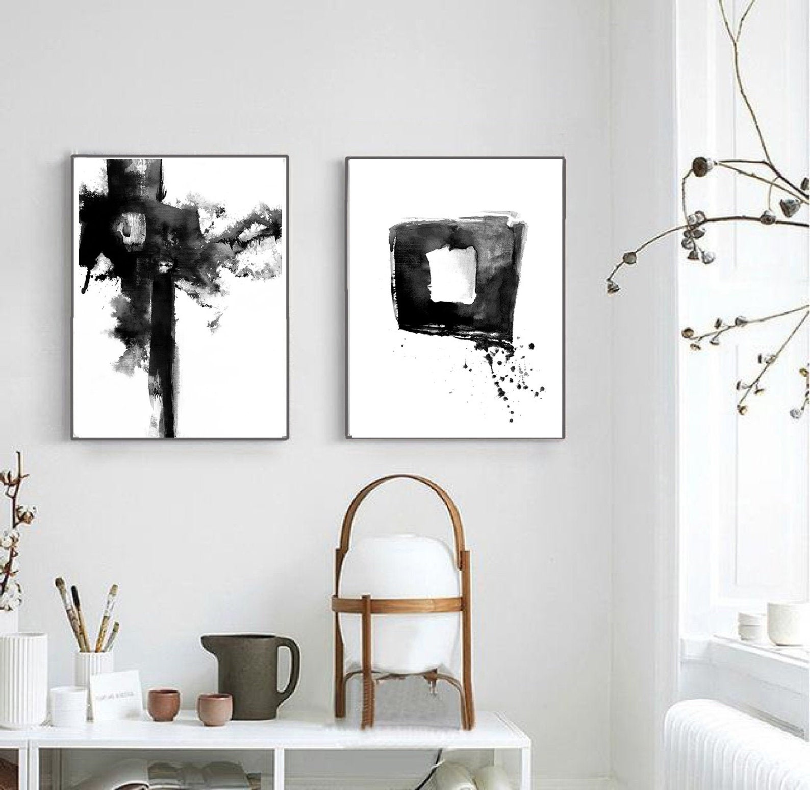 Black White Geometric Abstract Painting Minimalist Art Set | Etsy